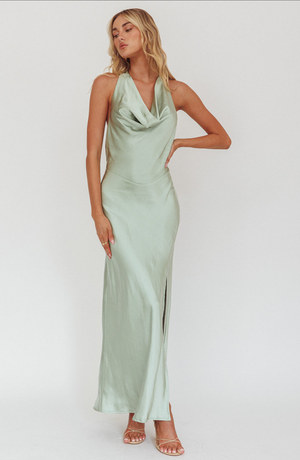 Sage Julie halter neck satin dress – Tabu Knits Boutique