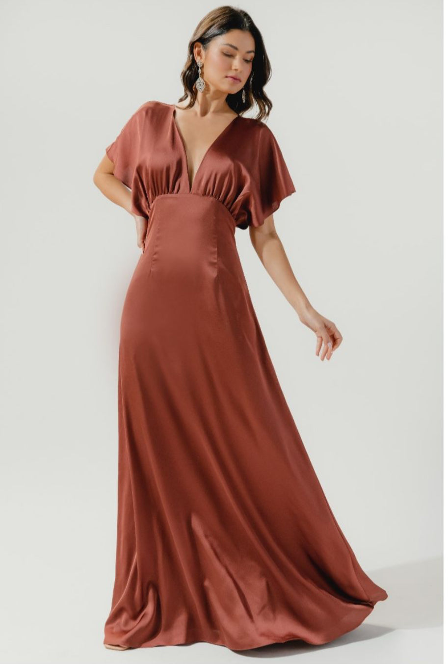 Rust-Darling Flutter Sleeve Cut Out Satin Maxi Dress – Tabu Knits Boutique